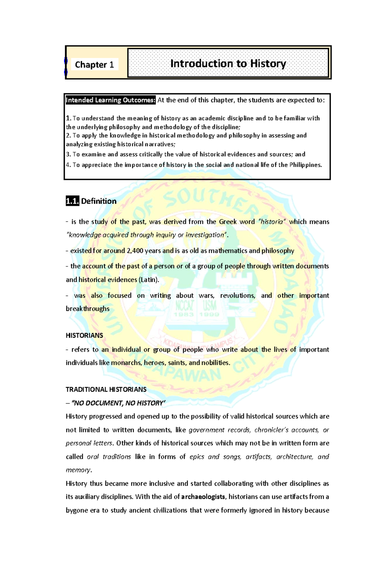 Chapter 1 Introduction to History - Intended Learning Outcomes: At the ...