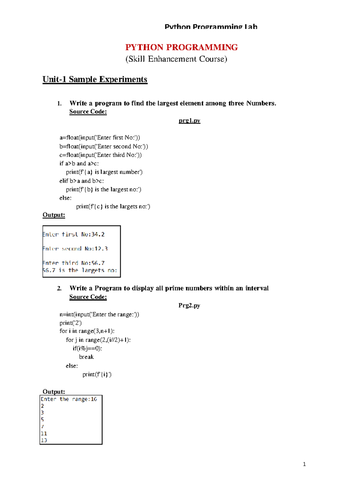 Python Programming Lab Manual (R23) - Sample Experiments and Codes - Studocu