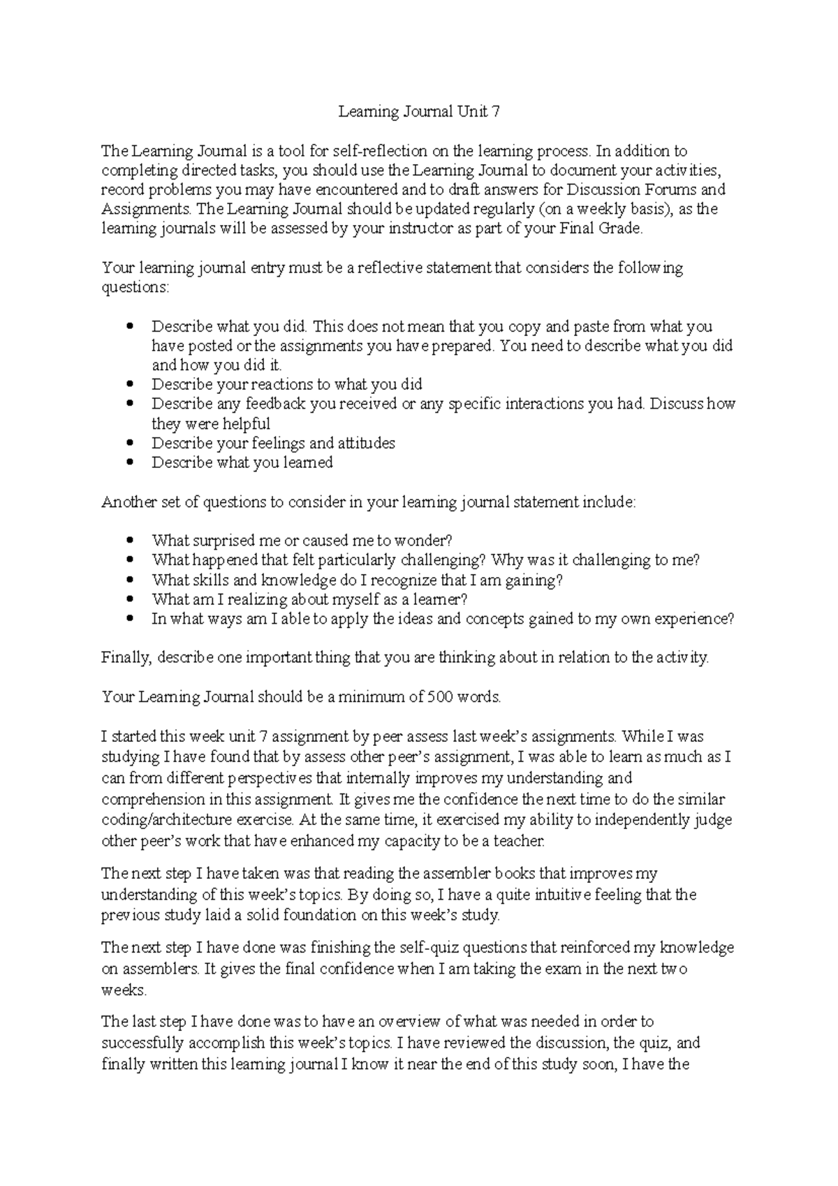 Learning Journal Unit 7 - In addition to completing directed tasks, you ...