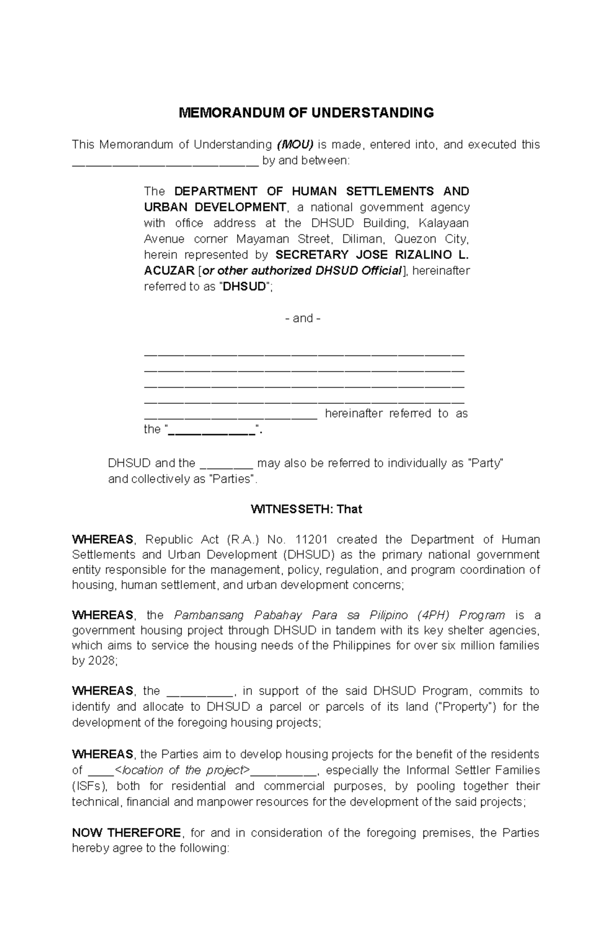 Revised MOU between LGU and DHSUD for Housing Development (041924) - Studocu
