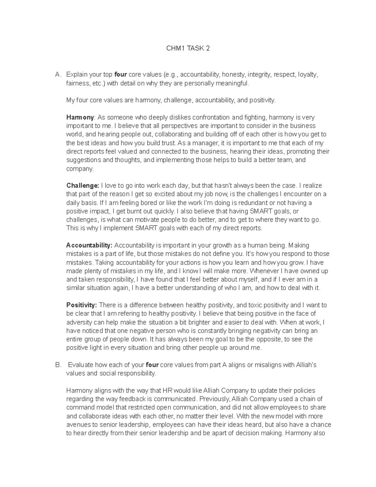CHM1 TASK 2 - Core Values and Their Alignment with Alliah Company - Studocu