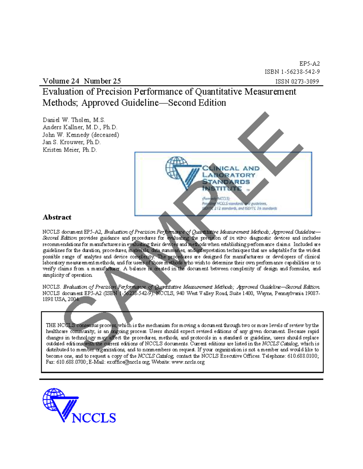 NCCLS Volume 24 No. 25: Precision Performance Evaluation Guidelines ...