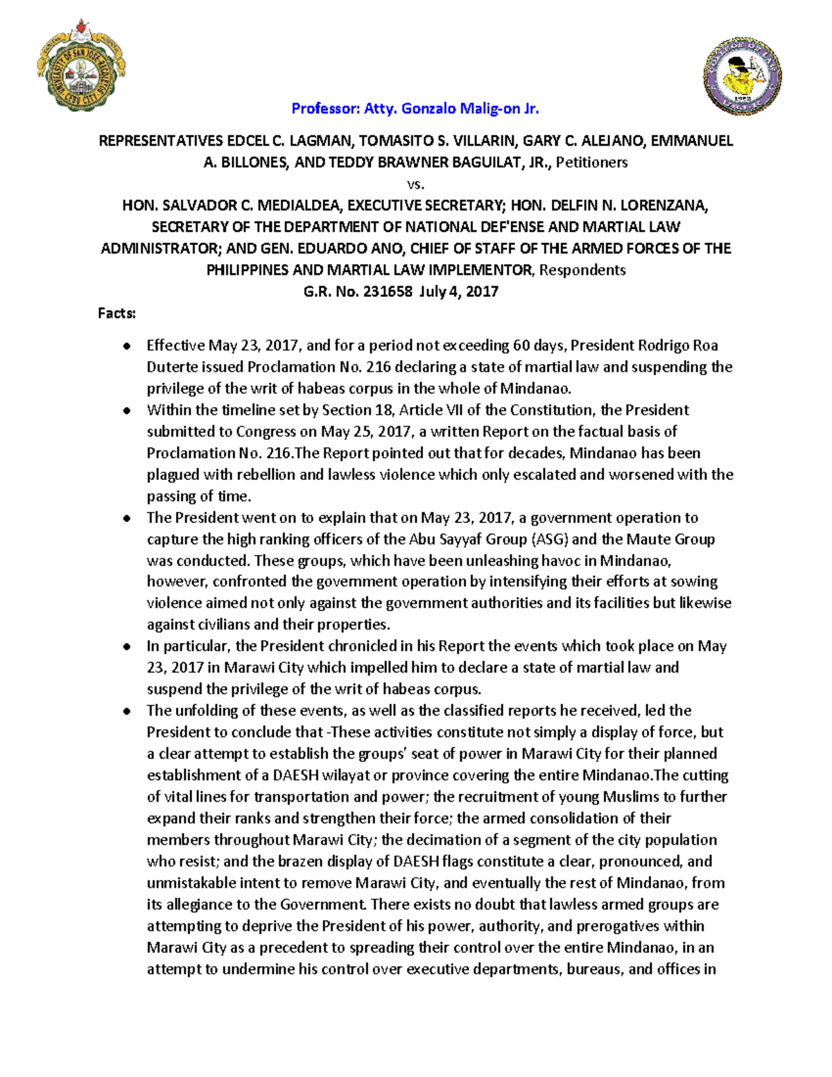 Lagman vs. Medialdea: Constitutional Review of Martial Law Proclamation ...