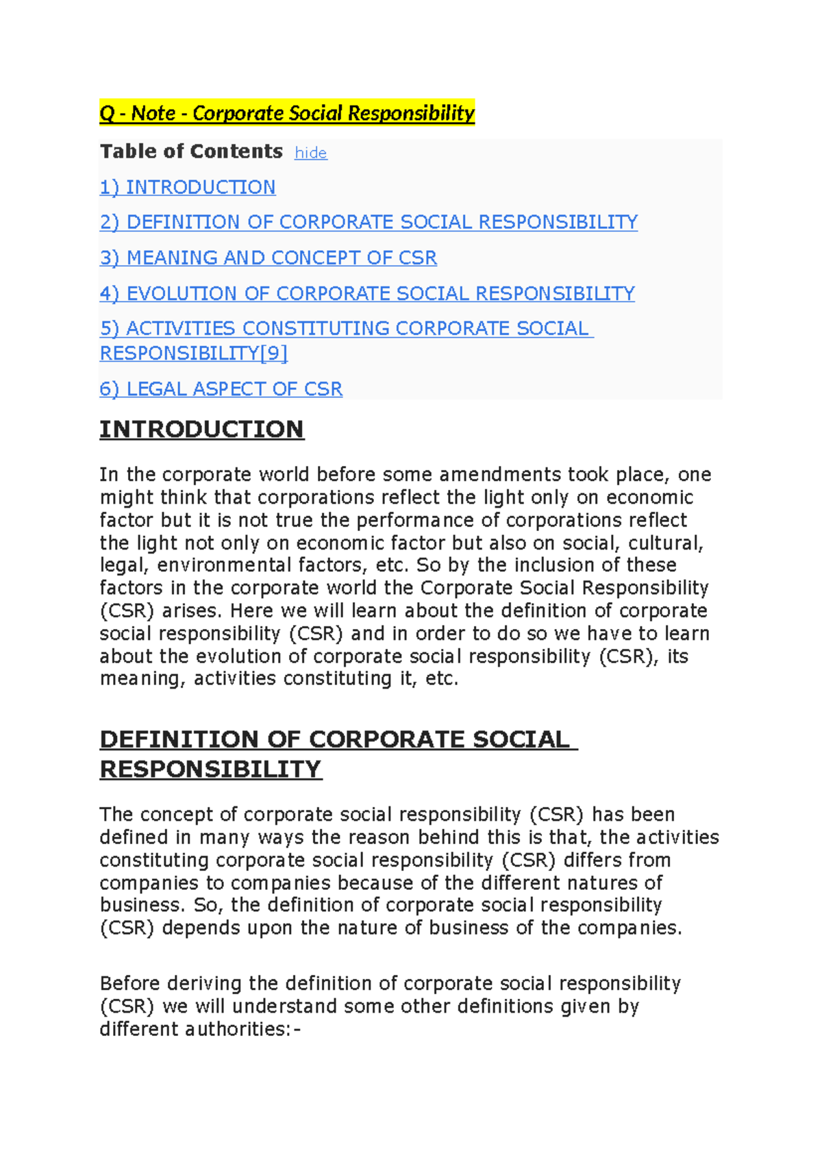 CSR - Overview of Corporate Social Responsibility: Meaning & Legal ...