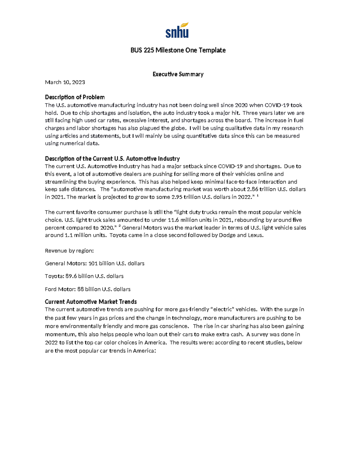 BUS 225 Project One Template - BUS 225 Milestone One Template Executive ...