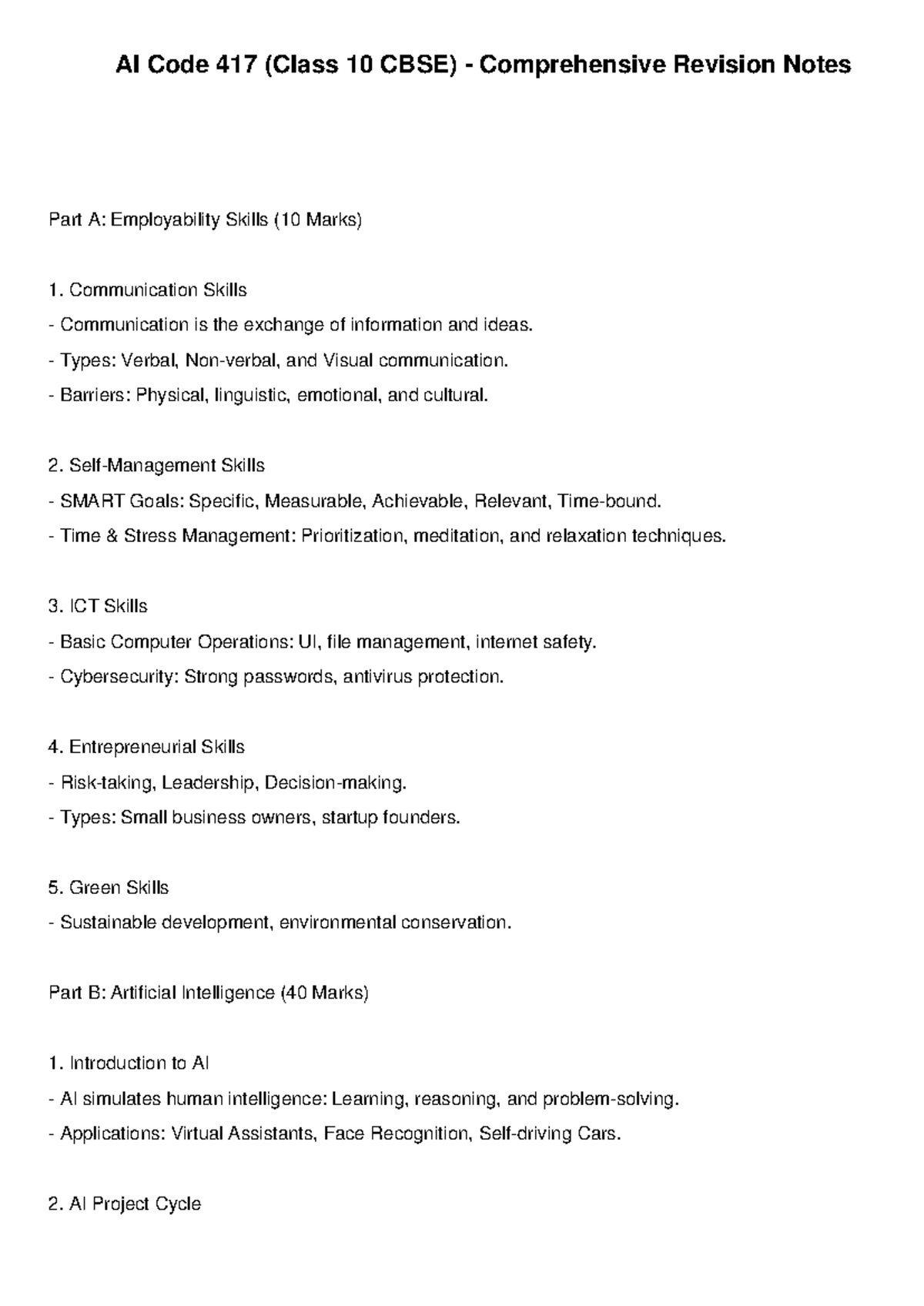 AI Code 417 (Class 10 CBSE) Comprehensive Revision Notes on ...