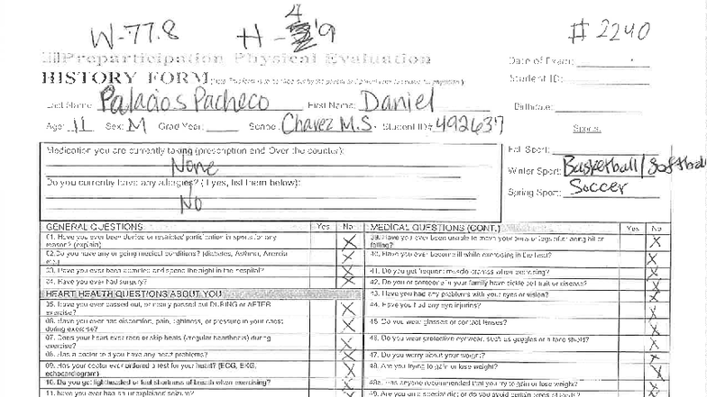 2240 Physical Evaluation Form for Daniel Palacios Pacheco - Studocu