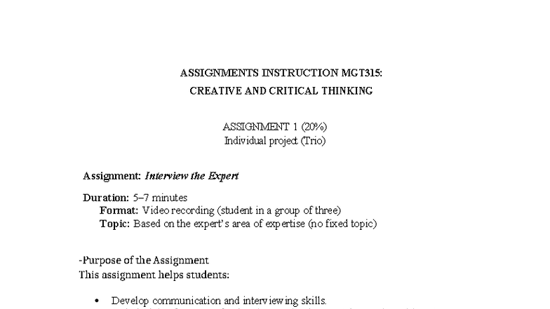 MGT315: Creative & Critical Thinking Assignments Overview - Studocu