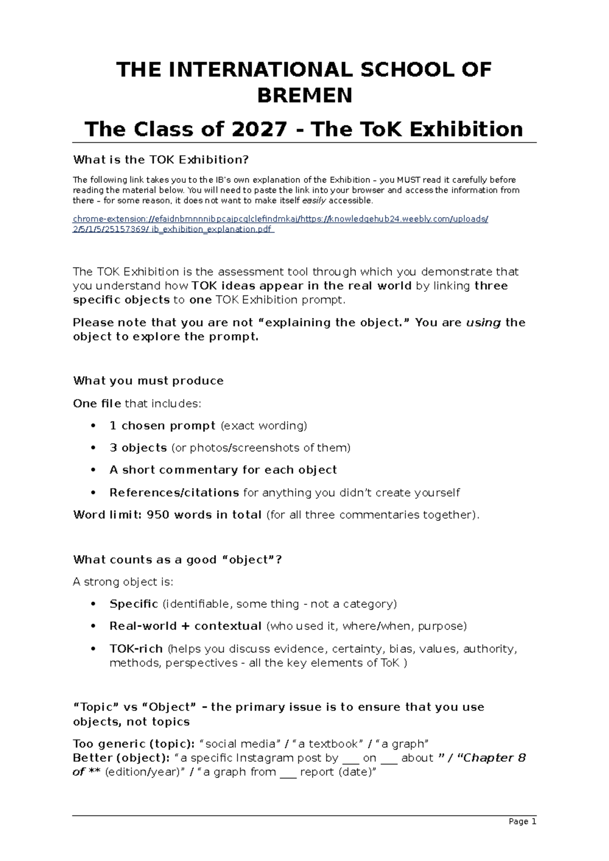 ToK Exhibition Guide - IB Class of 2027 - Studocu