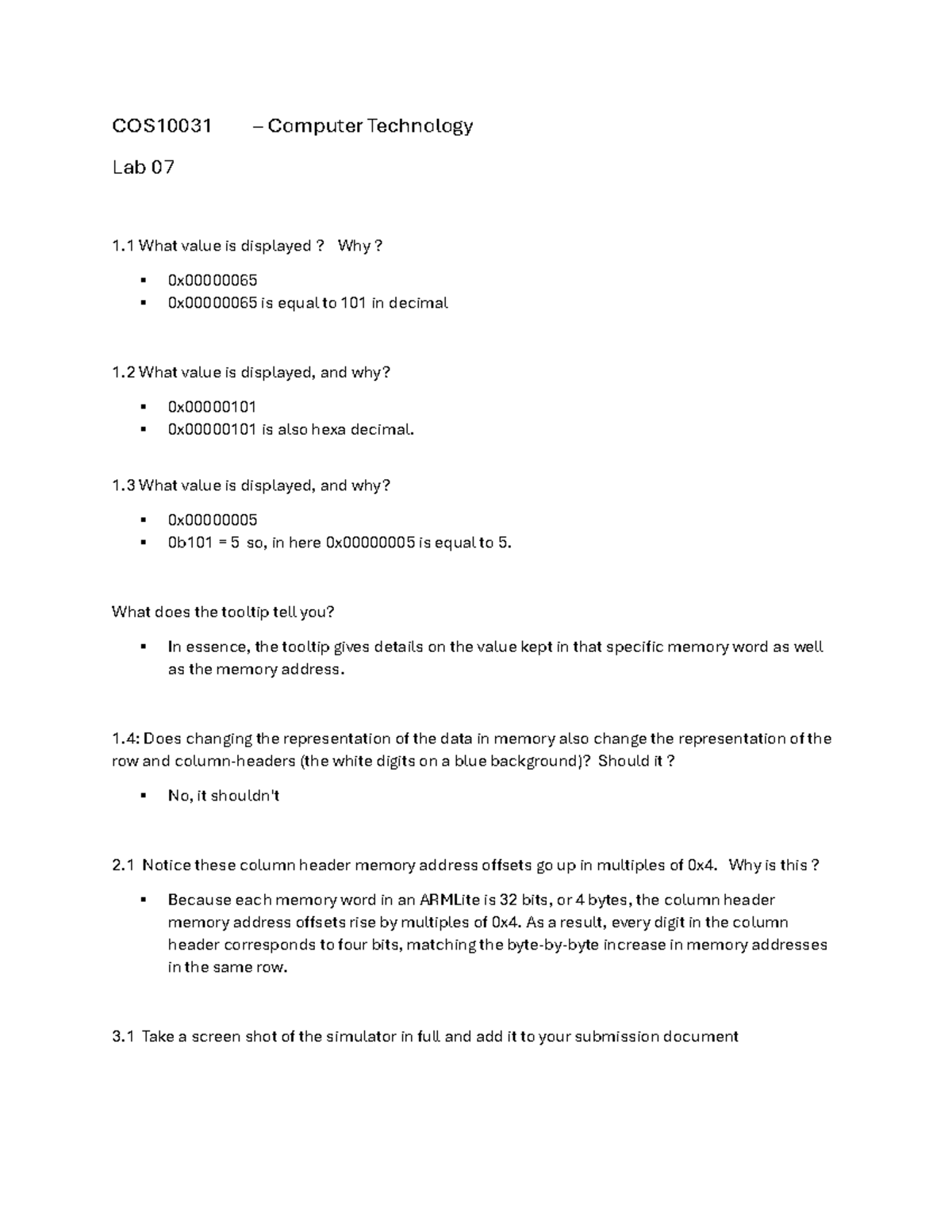 COS10031 Lab 07 - Understanding Memory and Assembly Code Operations - Studocu