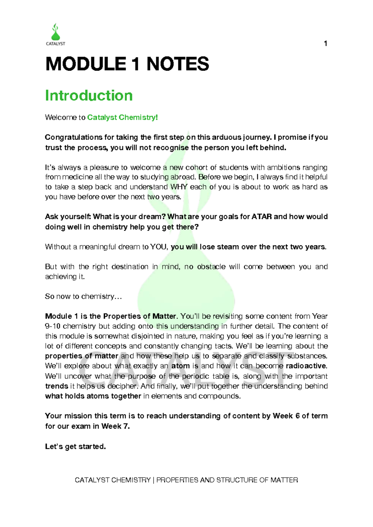 Chem notes 1 - MODULE 1 NOTES Introduction Welcome to Catalyst ...