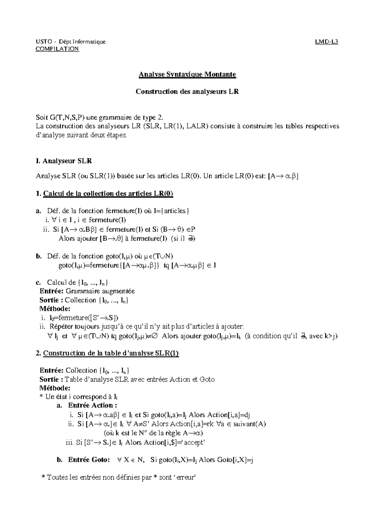 Algorithmes Tables LR - COMP - USTO - Dépt Informatique LMD-L ...