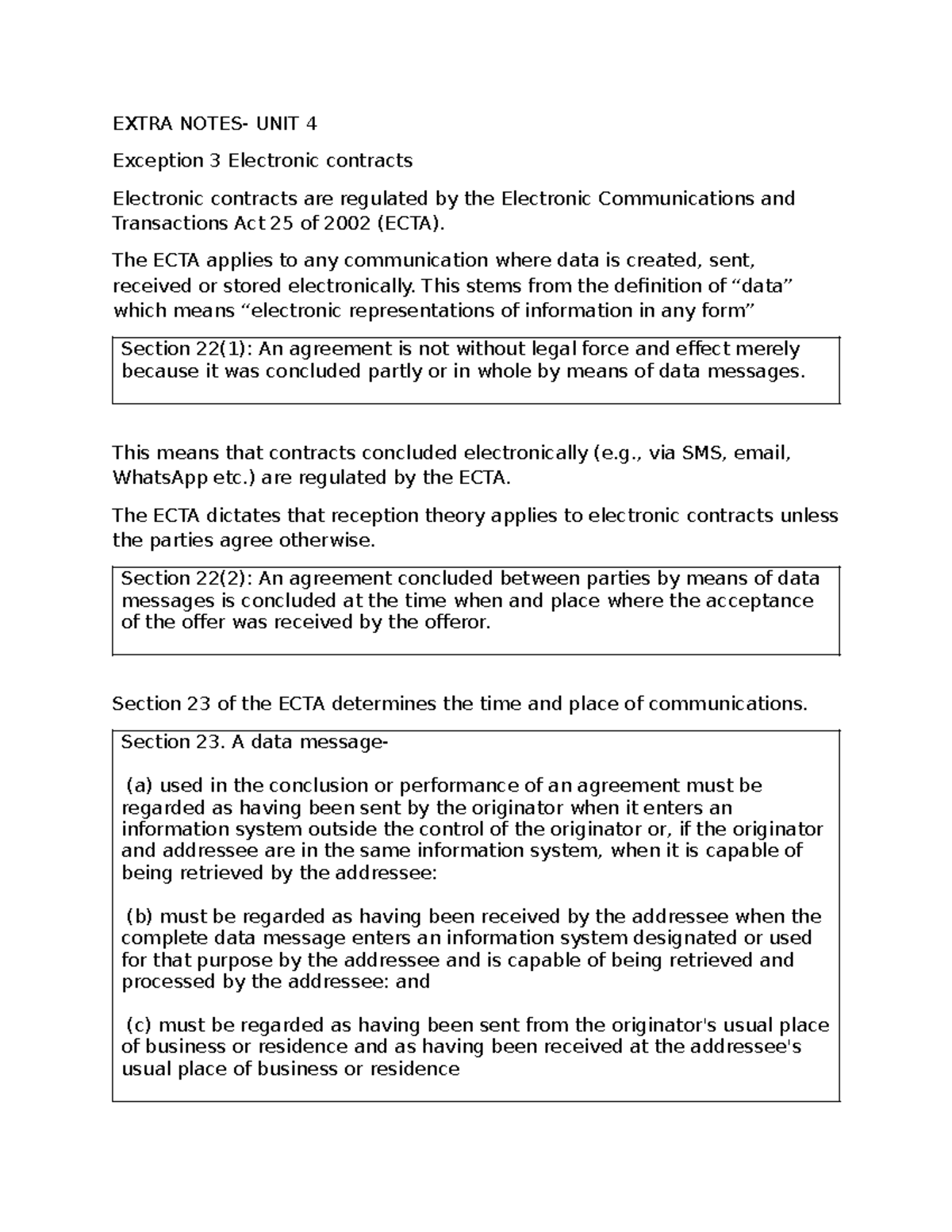 EXTRA UNIT 4: Electronic Contracts & ECTA Regulations Overview - Studocu