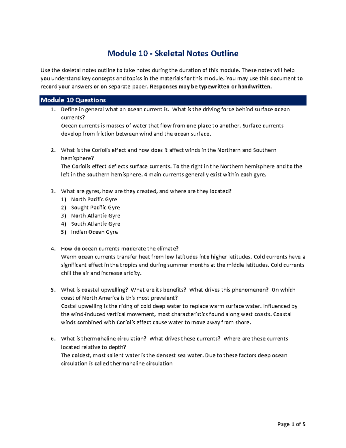 Module 10: Comprehensive Skeletal Notes Outline for Ocean Currents ...