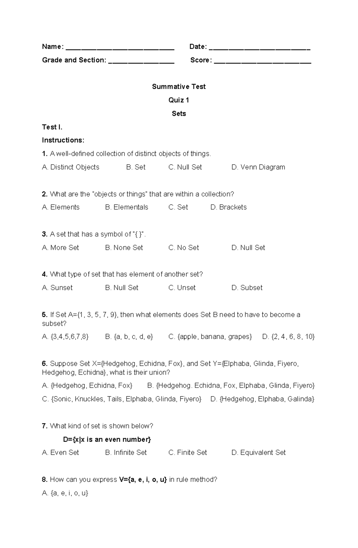 Sample Test for PED 108 - Name: ____________________________ Date