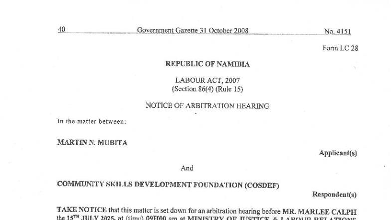 Notice of Arbitration Hearing - Labour Act, 2007 (Form LC 28) - Studocu