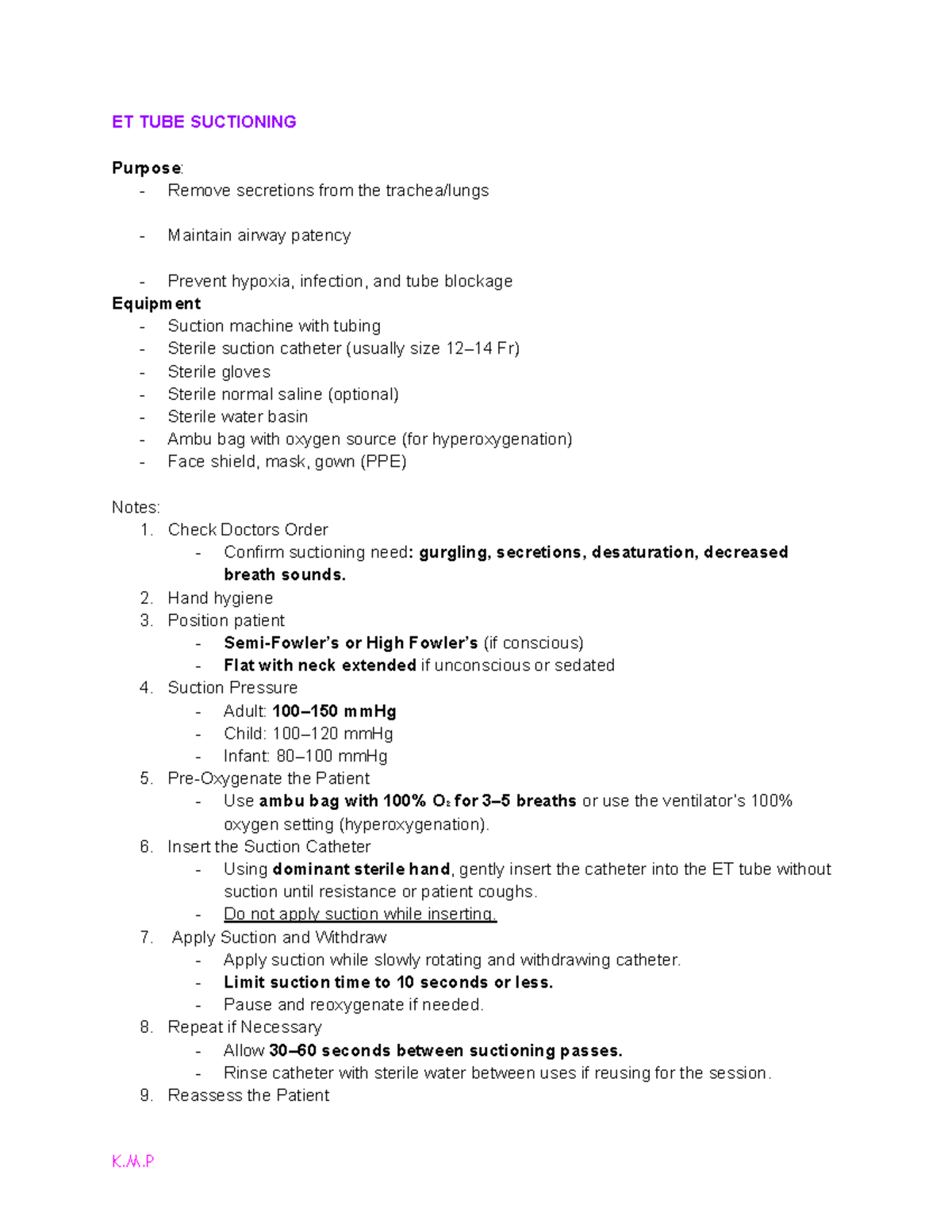 ET TUBE SUCTIONING & ORAL CARE PROCEDURES - EAMC NOTES - Studocu