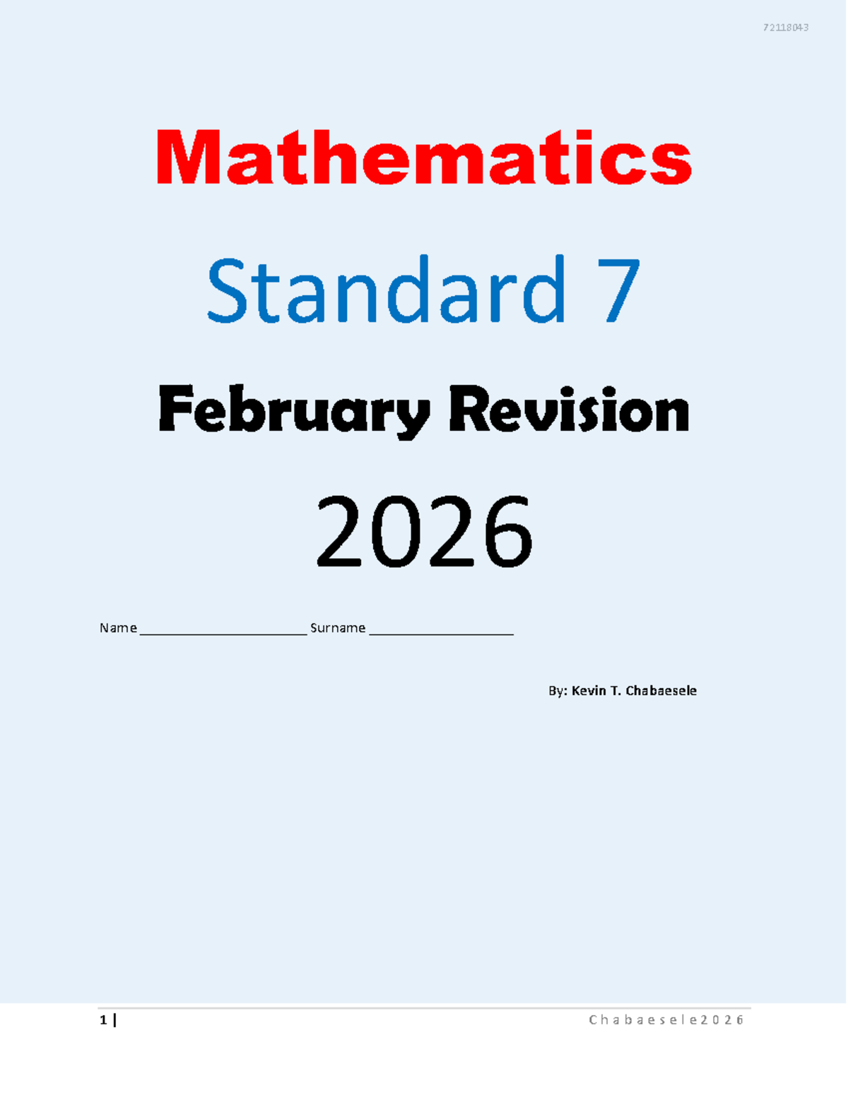 72118043 Mathematics Standard 7 February Revision 2026 - Studocu