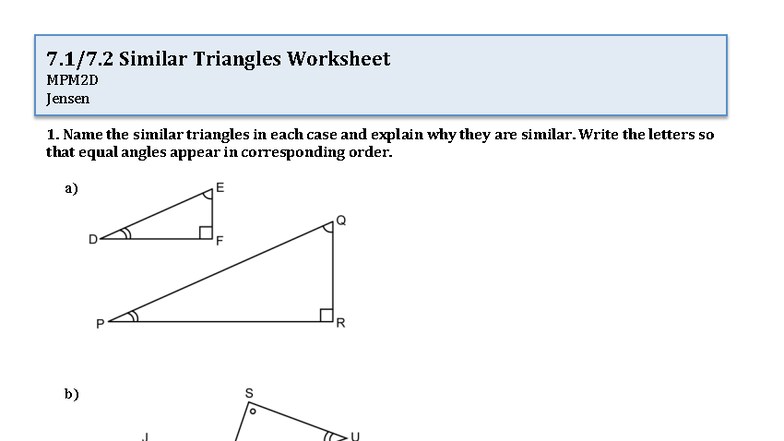 Similar triangles worksheet - 7.1/7 Similar Triangles Worksheet MPM2D ...