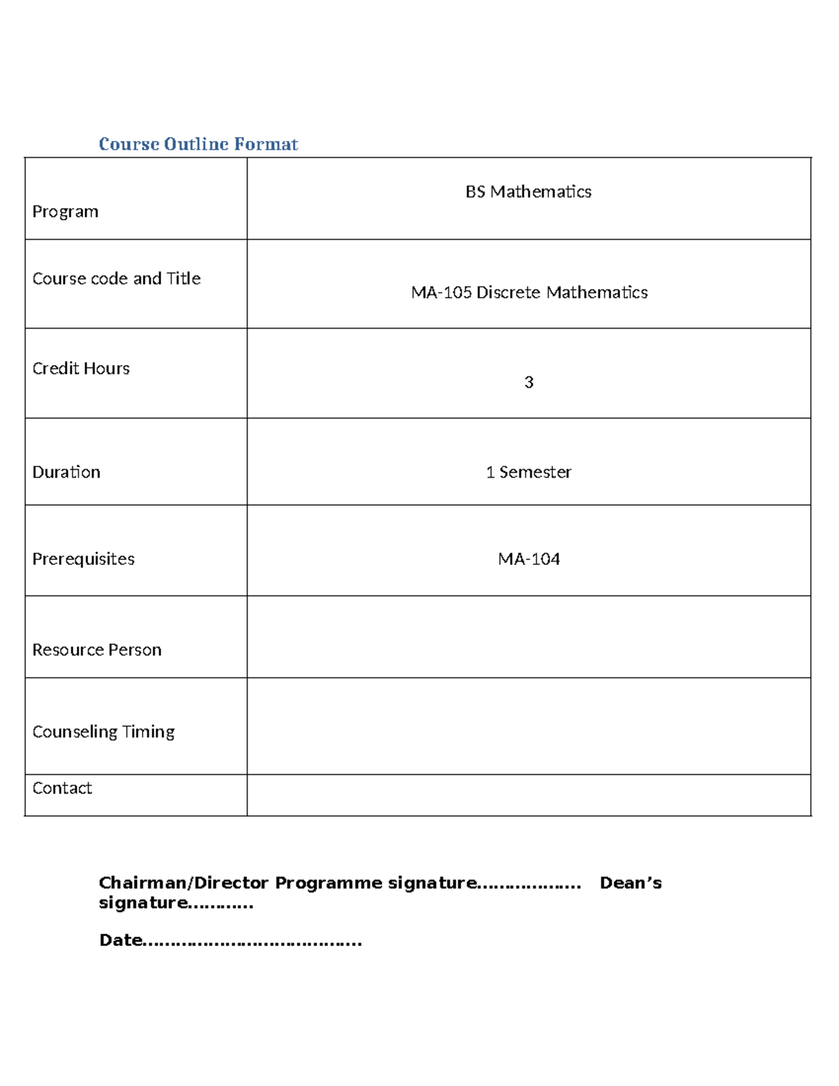 MA-105 Discrete Mathematics Course Outline and Learning Objectives ...