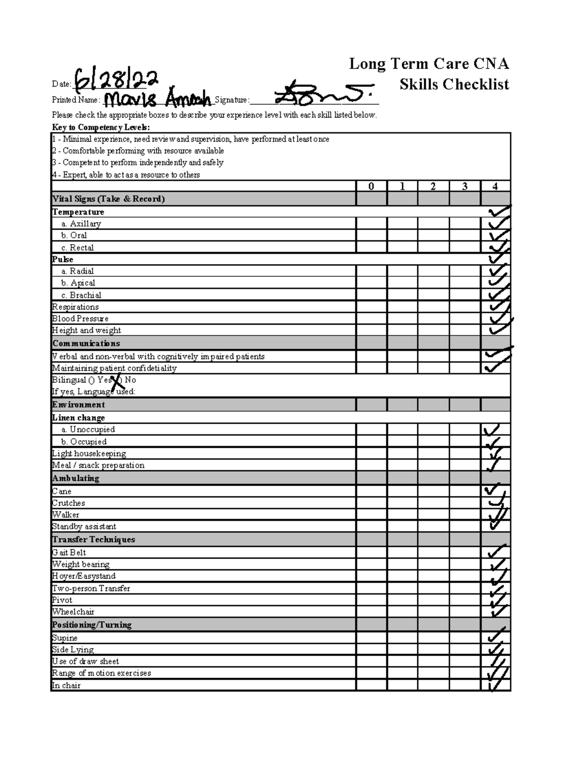 CNA Skills Checklist for Long Term Care Competency Evaluation - Studocu