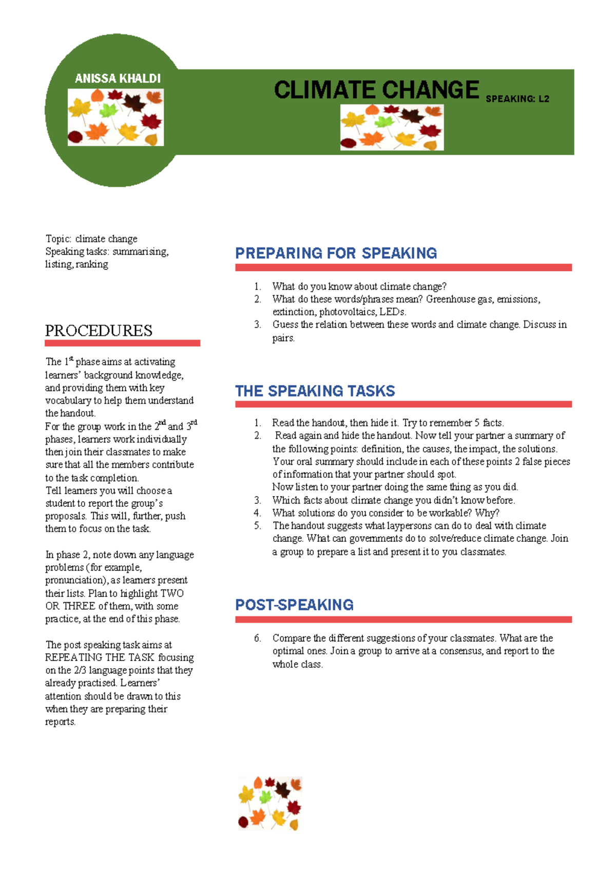 4-Speaking L2 Tasks - Climate Change Strategies and Activities - Studocu