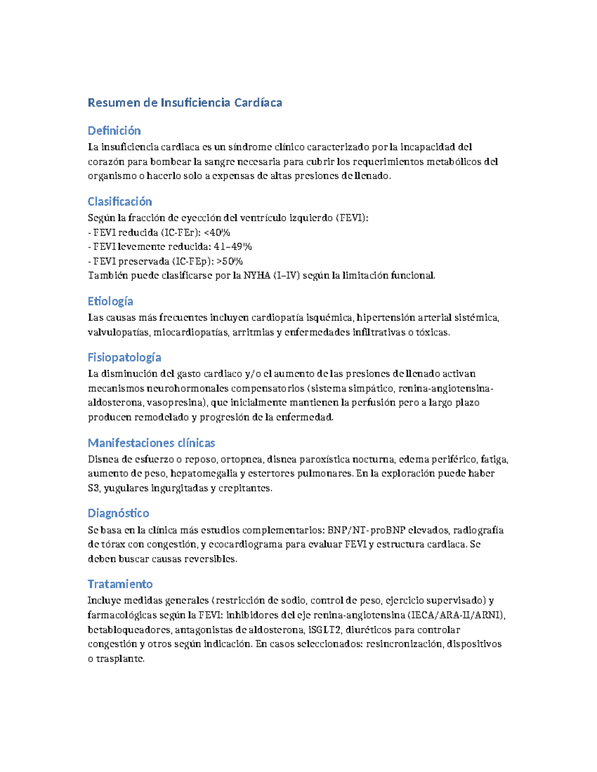 Resumen de Insuficiencia Cardíaca: Definición y Tratamiento - Studocu