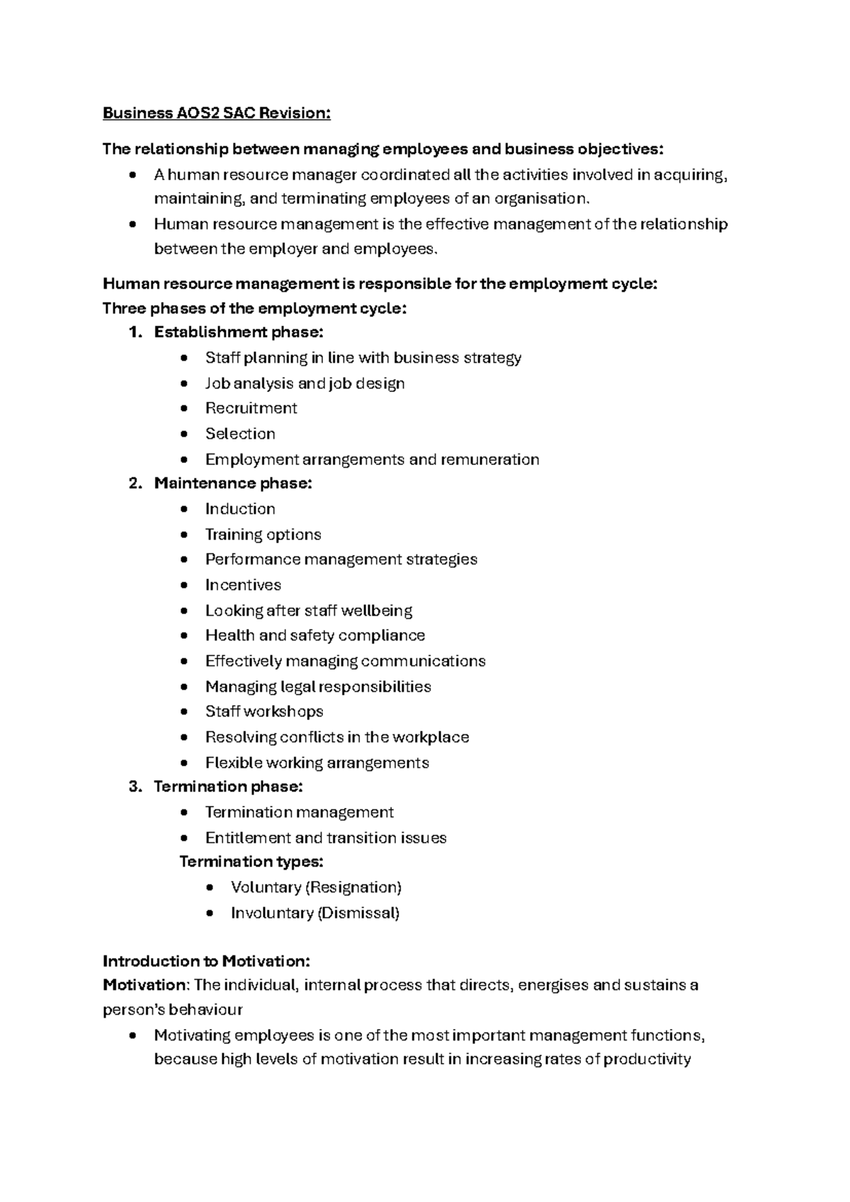 Business AOS2 SAC Revision: Managing Employees & Business Objectives ...