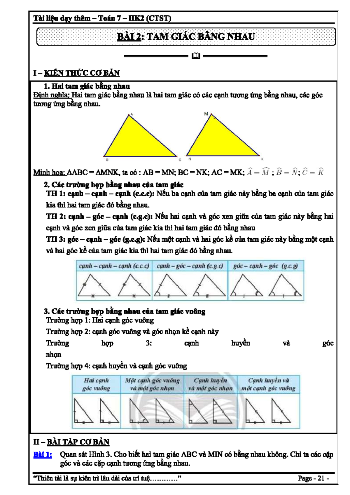 Tài liệu Toán 7 HK2 (CTST) - Bài 2: Tam Giác Bằng Nhau - Studocu