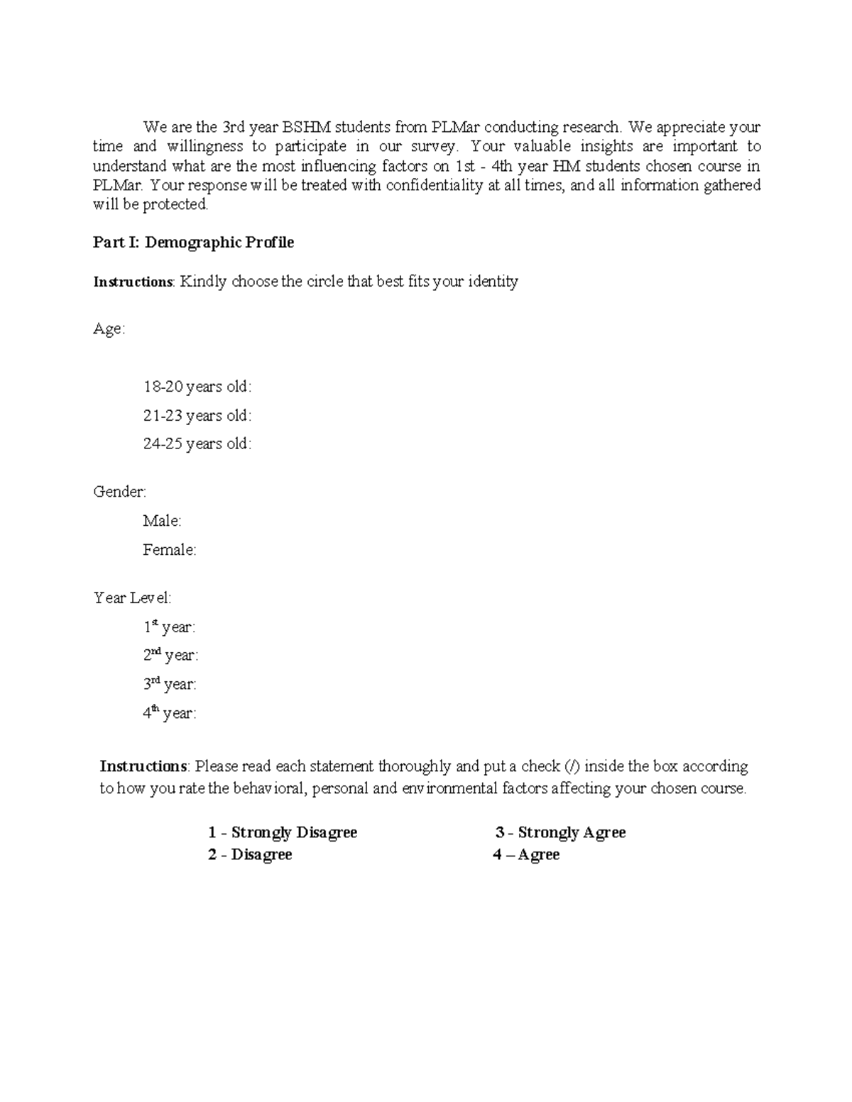 Questionnaire for BSHM Students: Factors Influencing Course Selection ...