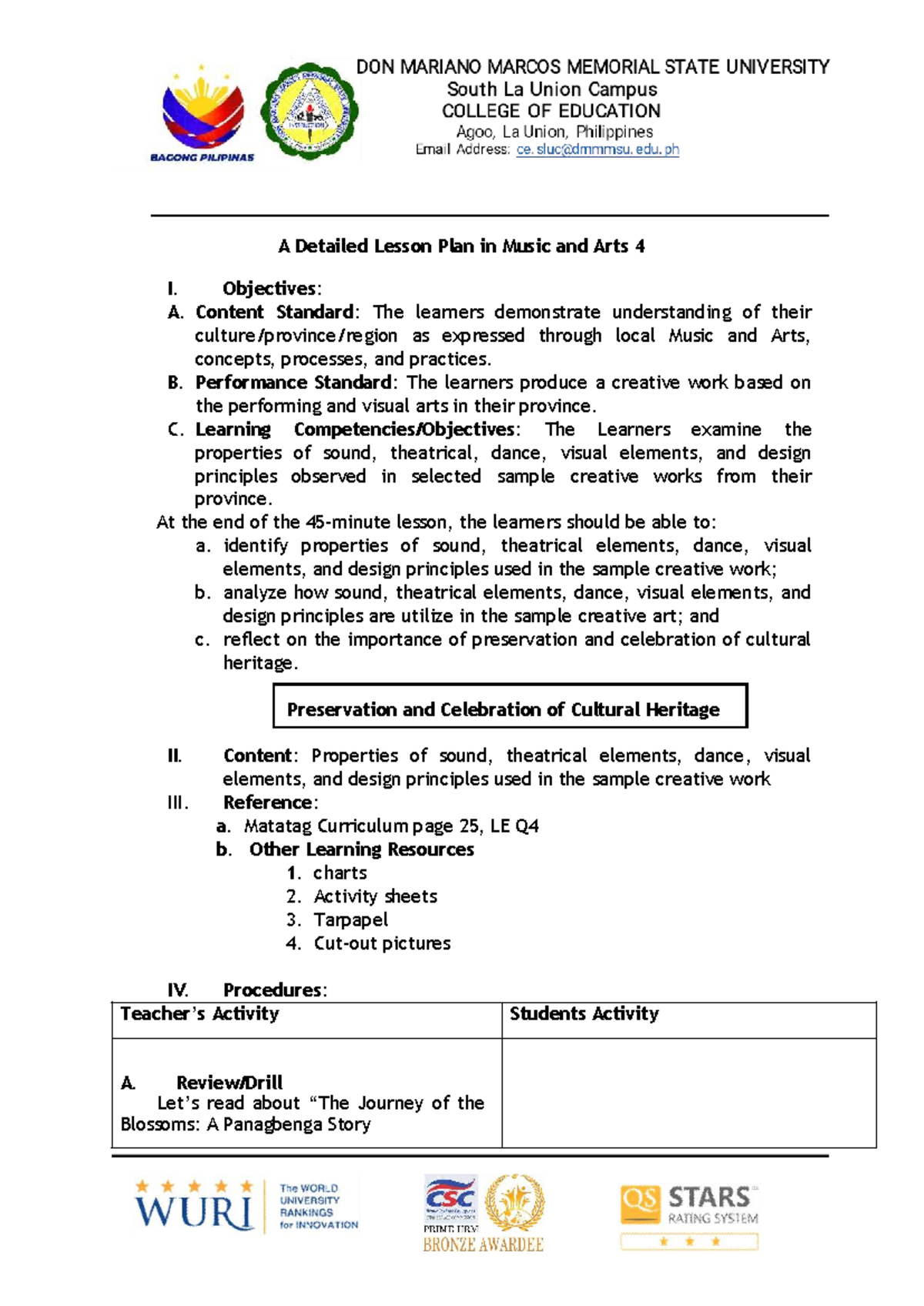Detailed Lesson Plan in Music and Arts 4: Exploring Cultural Heritage ...