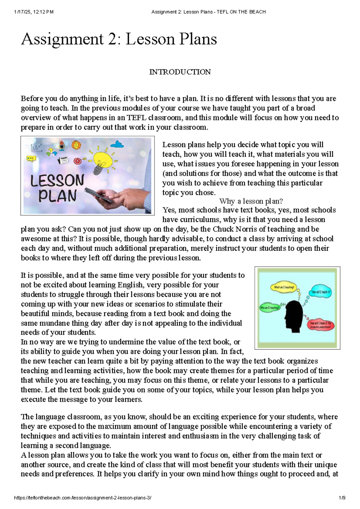 Assignment 2: TEFL Lesson Plans for Enhanced Classroom Engagement - Studocu