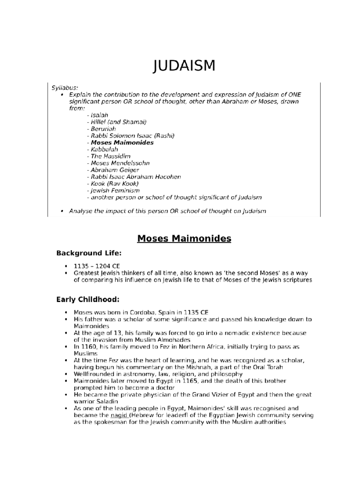 Judaism Syllabus: The Impact of Moses Maimonides on Jewish Thought ...