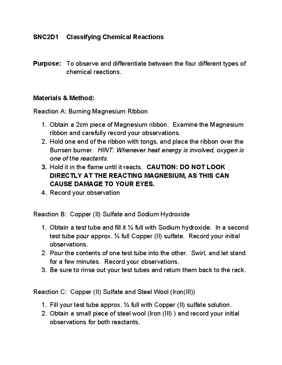 SNC2D1 Lab: Observing 4 Types of Chemical Reactions in Lesson 16 - Studocu