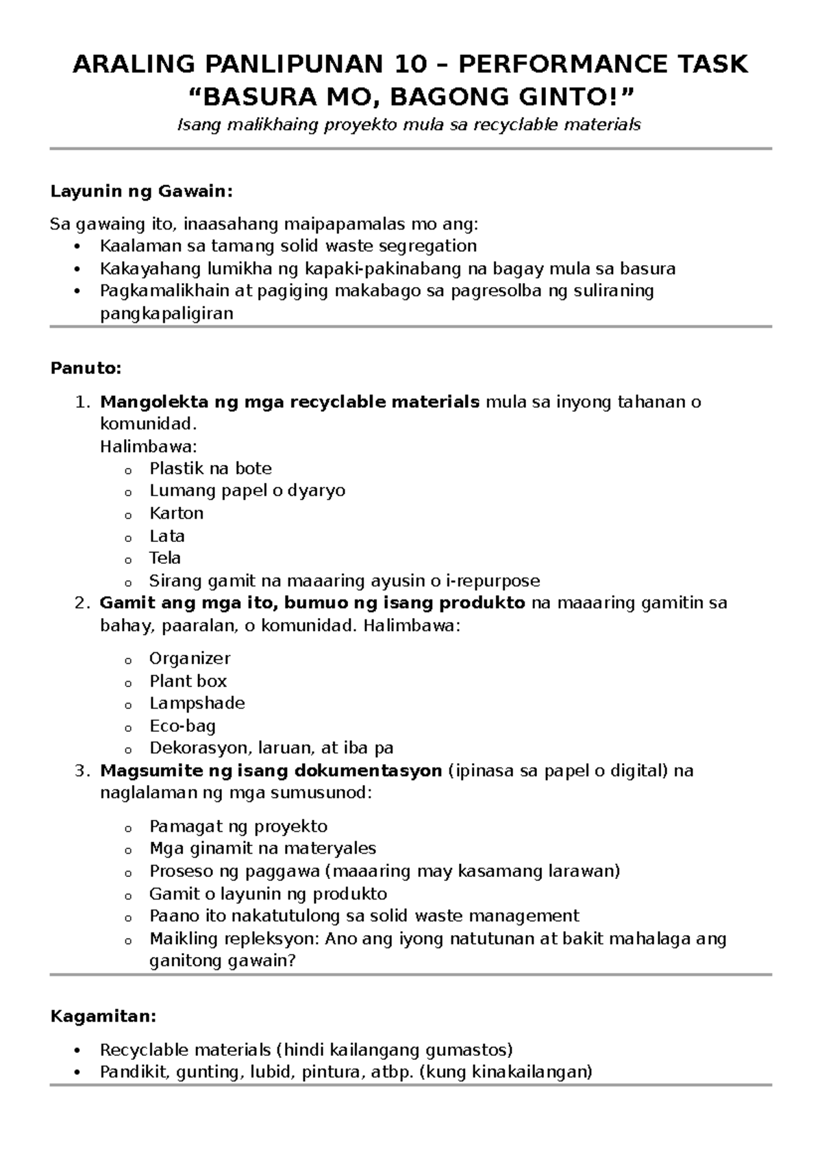 Araling Panlipunan 10 Performance Task: Malikhaing Proyekto sa Solid ...