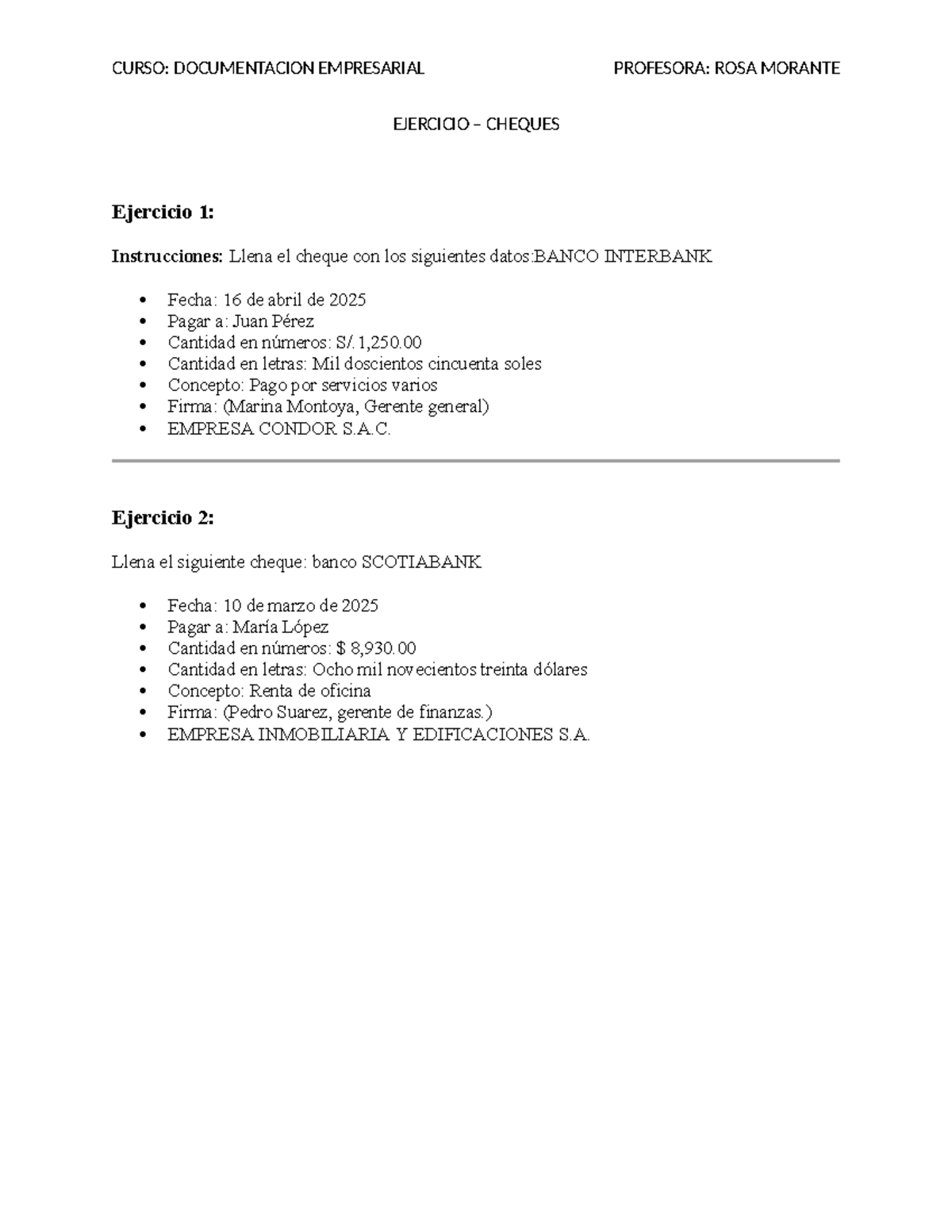 Ejercicio - Elaboracion DE Cheques-1 - CURSO: DOCUMENTACION EMPRESARIAL PROFESORA: ROSA MORANTE ...