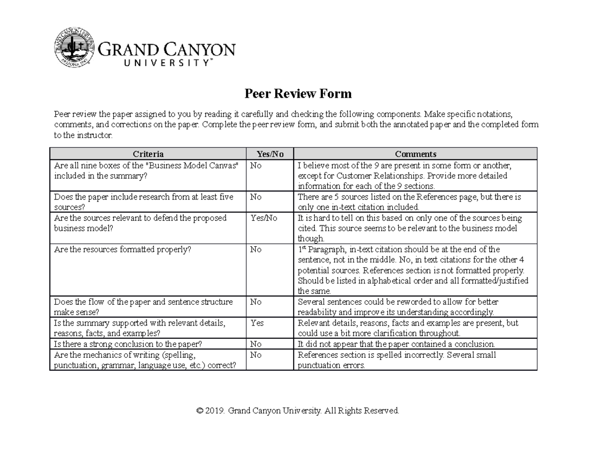 ENT 436 RS Business Model Canvas Peer Review - Peer Review Form Peer ...