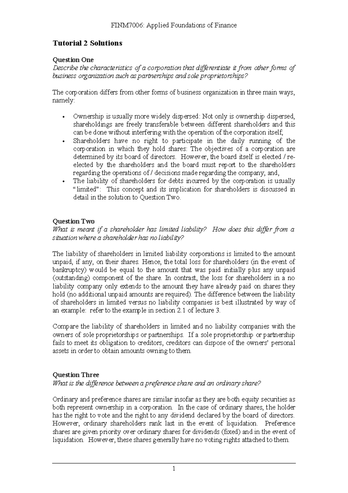 Tutorial 2 Solutions - hellooo - Tutorial 2 Solutions Question One ...