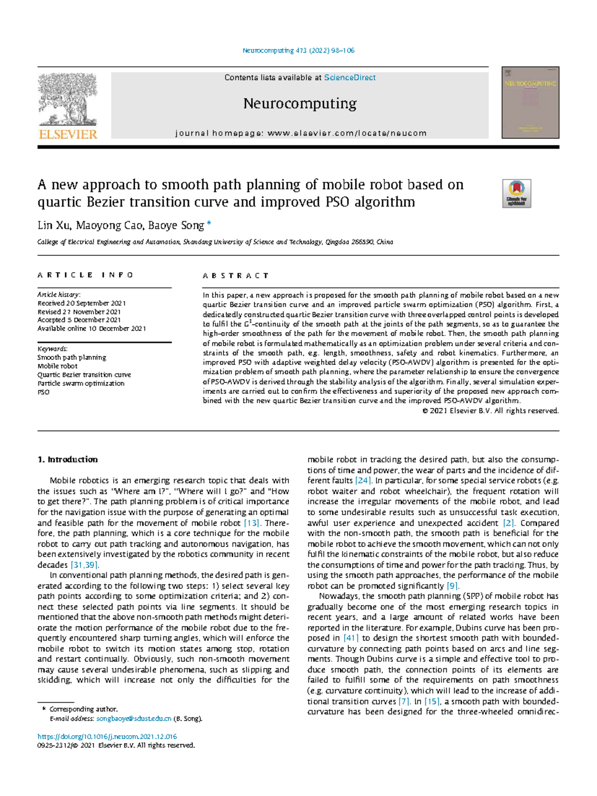 Neurocomputing 473: Smooth Path Planning for Mobile Robots Using ...