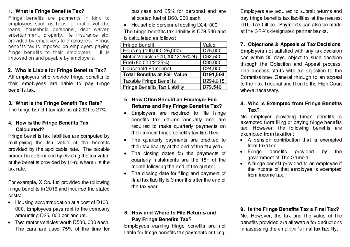 Fringe Benefits Tax Overview: Key Concepts and Calculations - Studocu