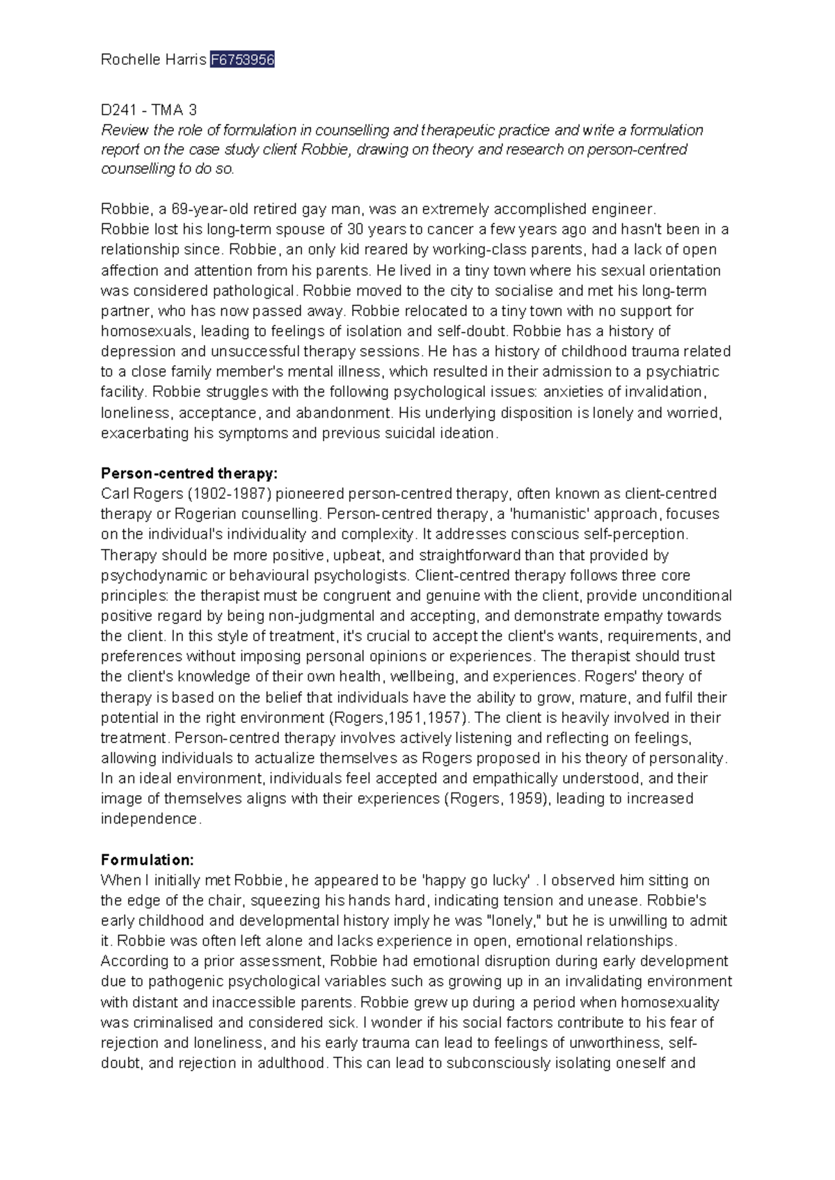 D241 - TMA3 - Formulation Report on Robbie’s Case Study in Therapy ...
