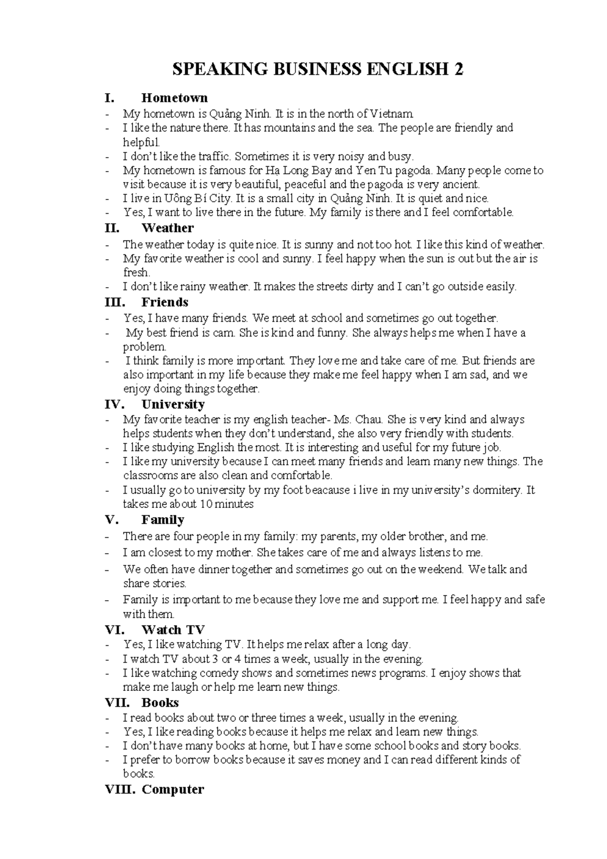 Speaking Business English 2: My Hometown, Family, and Daily Life - Studocu