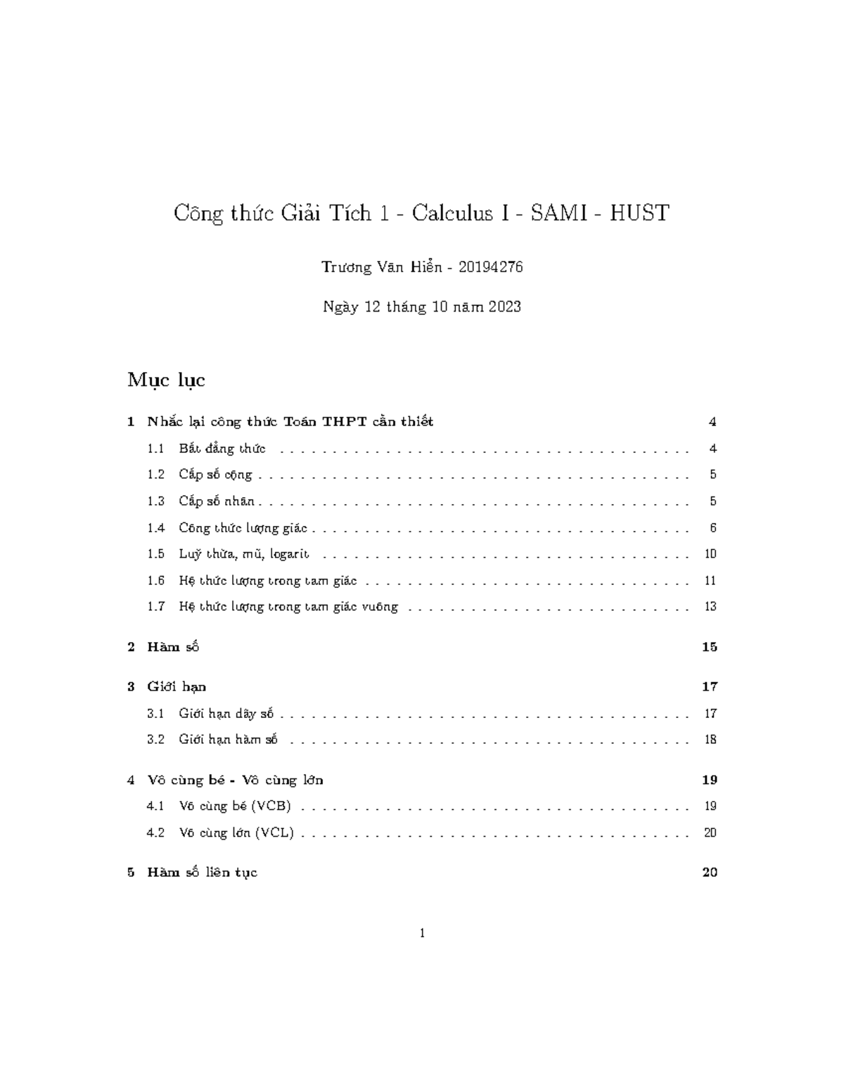 Formula Calculus 1 - Jsjsj - Công thức Giải Tích 1 - Calculus I - SAMI ...