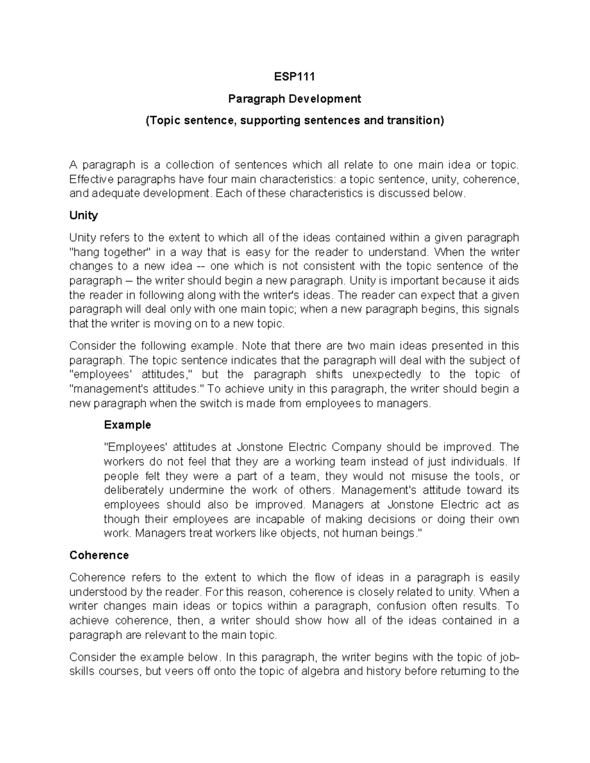 ESP111 Notes on Effective Paragraph Development - Studocu
