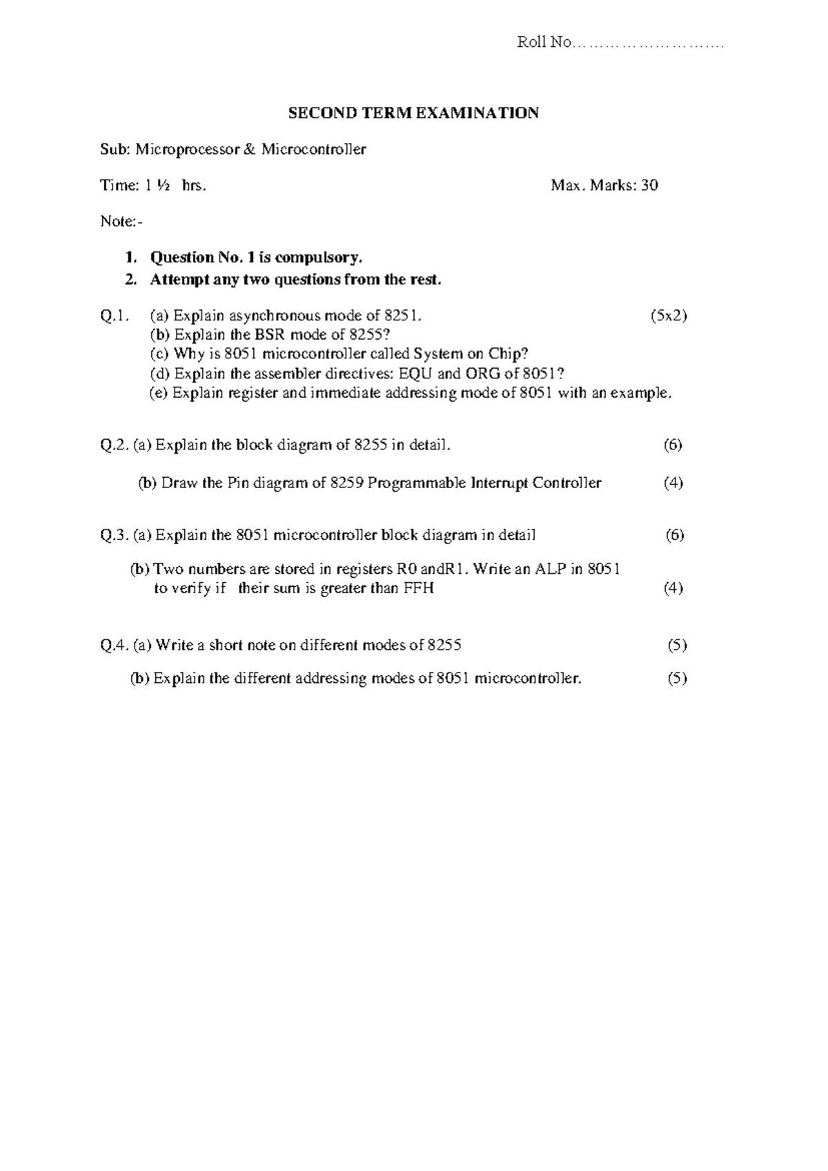 Microprocessor & Microcontroller SECOND TERM EXAM (30 Marks) - Studocu