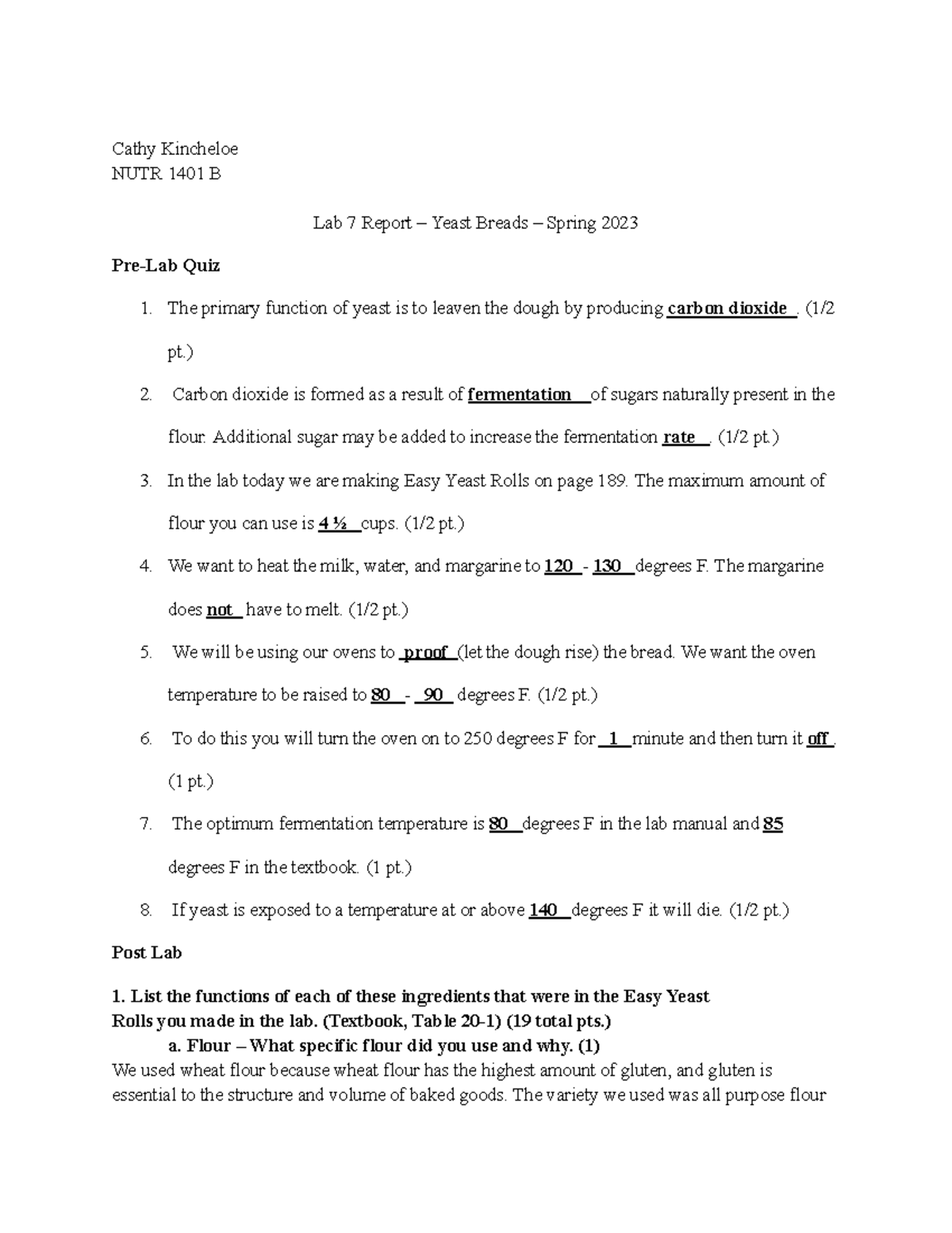 NUTR 1401 B Lab Report #7: Yeast Breads Analysis - Spring 2023 - Studocu