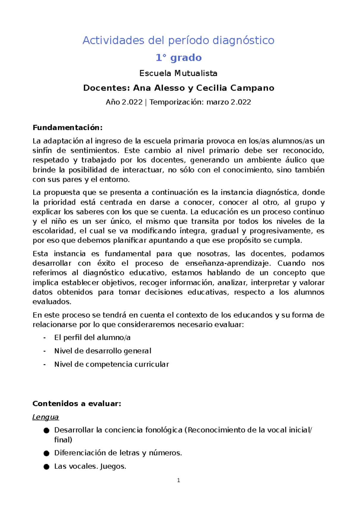 Actividades diagnóstico 1ro - Actividades del período diagnóstico 1 ...