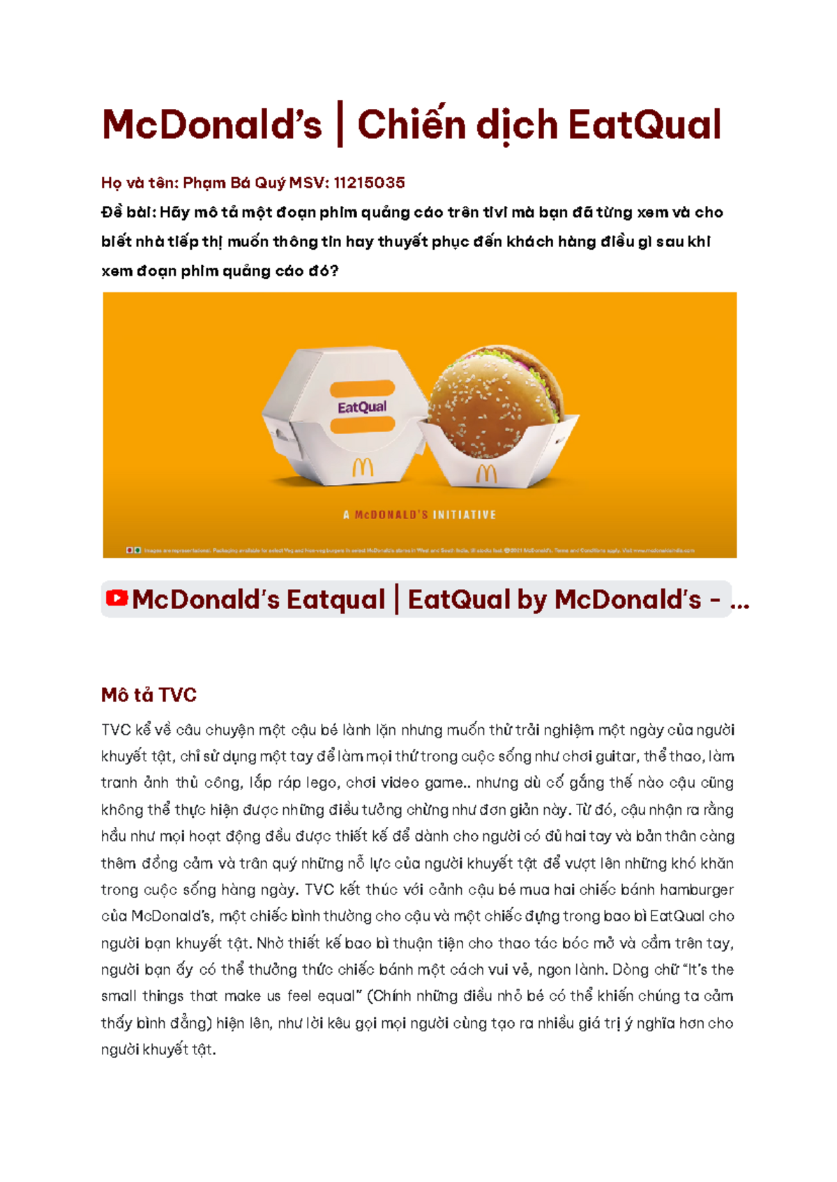 McDonald's EatQual Campaign Analysis - Phạm Bá Quý MSV 11215035 - Studocu
