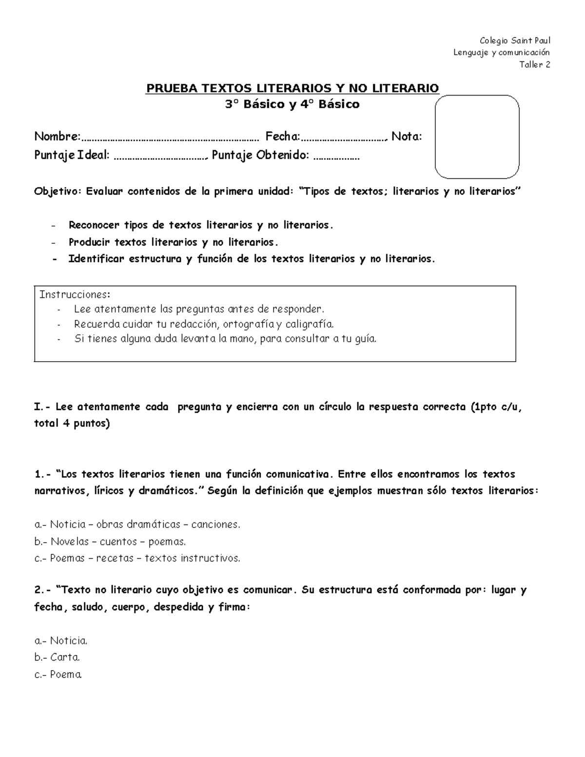 Prueba de Textos Literarios y No Literarios - 3° y 4° Básico - Studocu