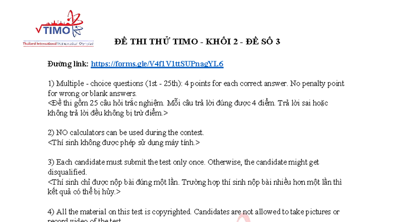ĐỀ THI THỬ TIMO KHỐI 2 - Đề Số 3 - Toán Học - Studocu